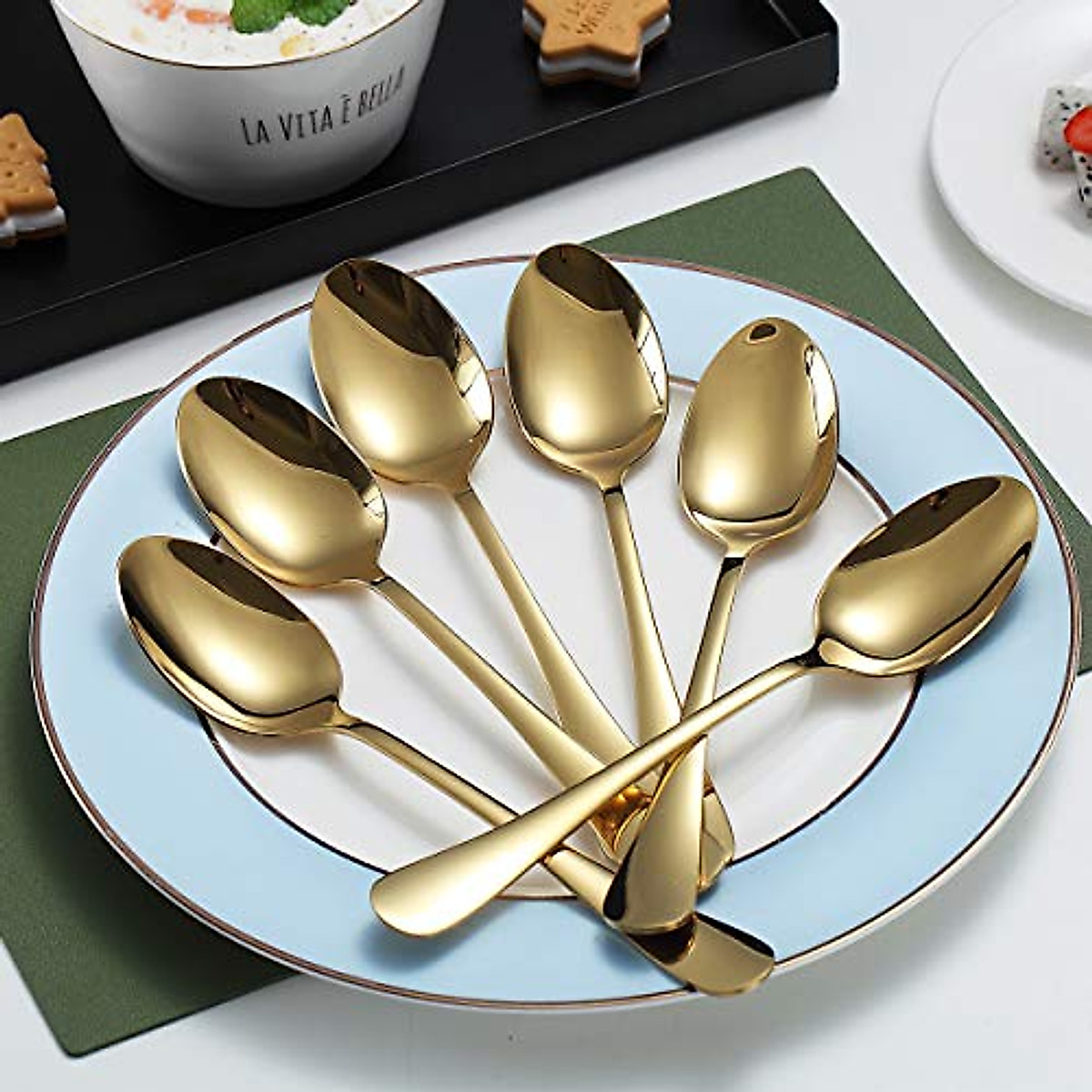 Gold Dinner Spoons, Kyraton 6 Pieces 7.5" Stainless Steel Table Spoon With Titanium Gold Plating, Gold Soup Spoons, Dessert Spoons Sliverware Dishwasher Safe Set of 6