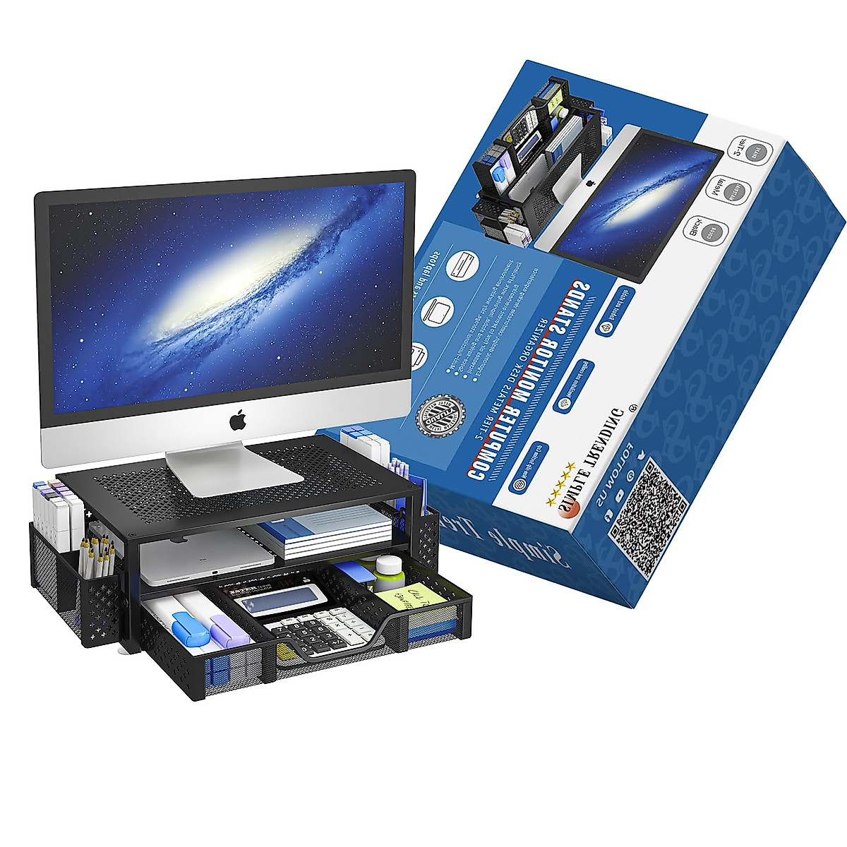 Simple Trending 2 Tier Metal Monitor Stand Monitor riser and Computer Desk Organizer with Drawer and Pen Holder for Laptop, Computer, iMac, Black