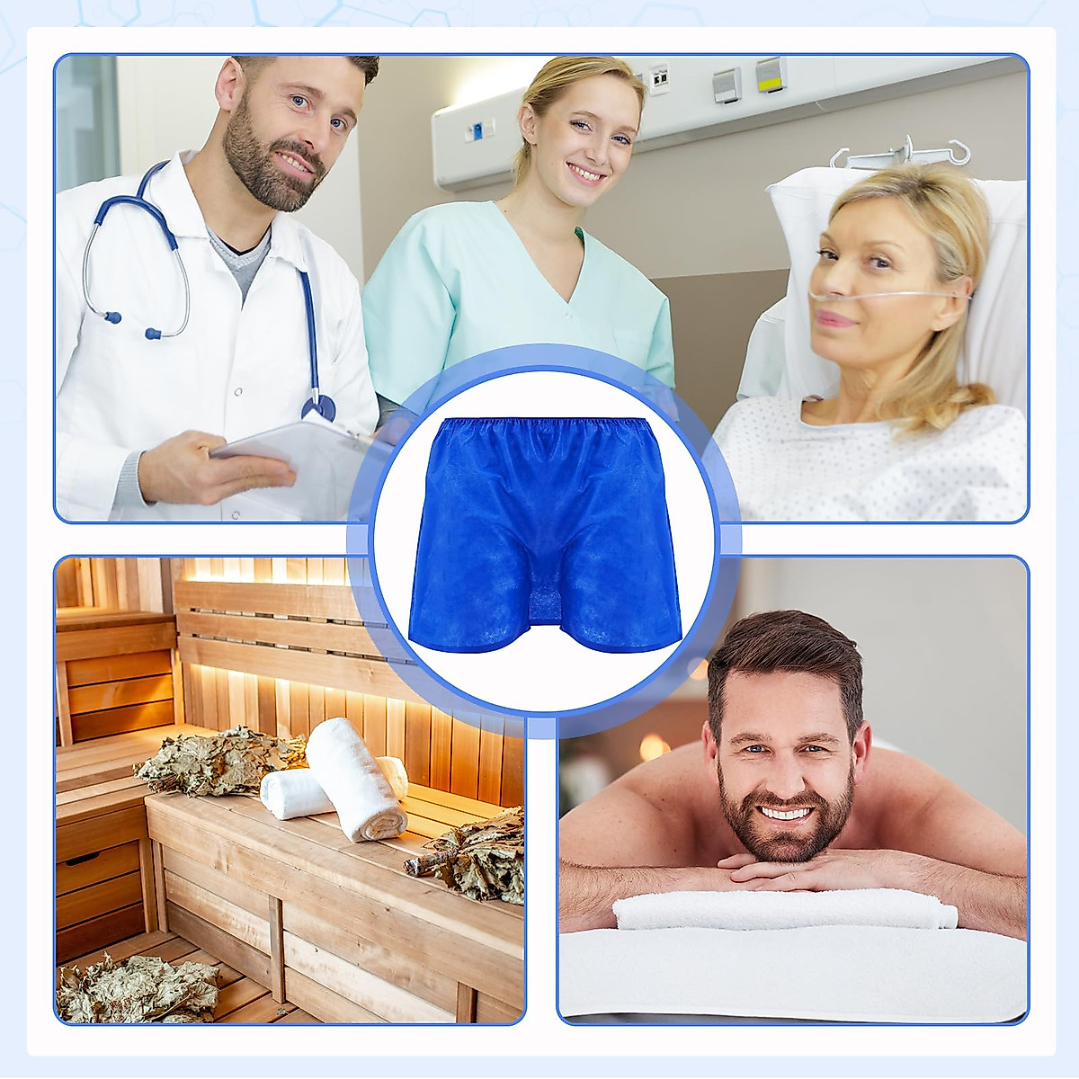 Panitay 300 Pcs Disposable Exam Shorts Non Woven Exam Wear Short Disposable Travel Underwear Unisex Shorts Bottoms with Elastic Waistband for Women Men Spa Massage Examination Services Supplies, Blue