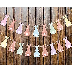 Whaline Easter Banner Decoration Happy Easter Banner Garland, Glitter Easter Bunny Bunting Flag Farmhouse Banner Spring Themed Party Favors Supplies, Happy Easter Day Home Decor for Mantle Fireplace