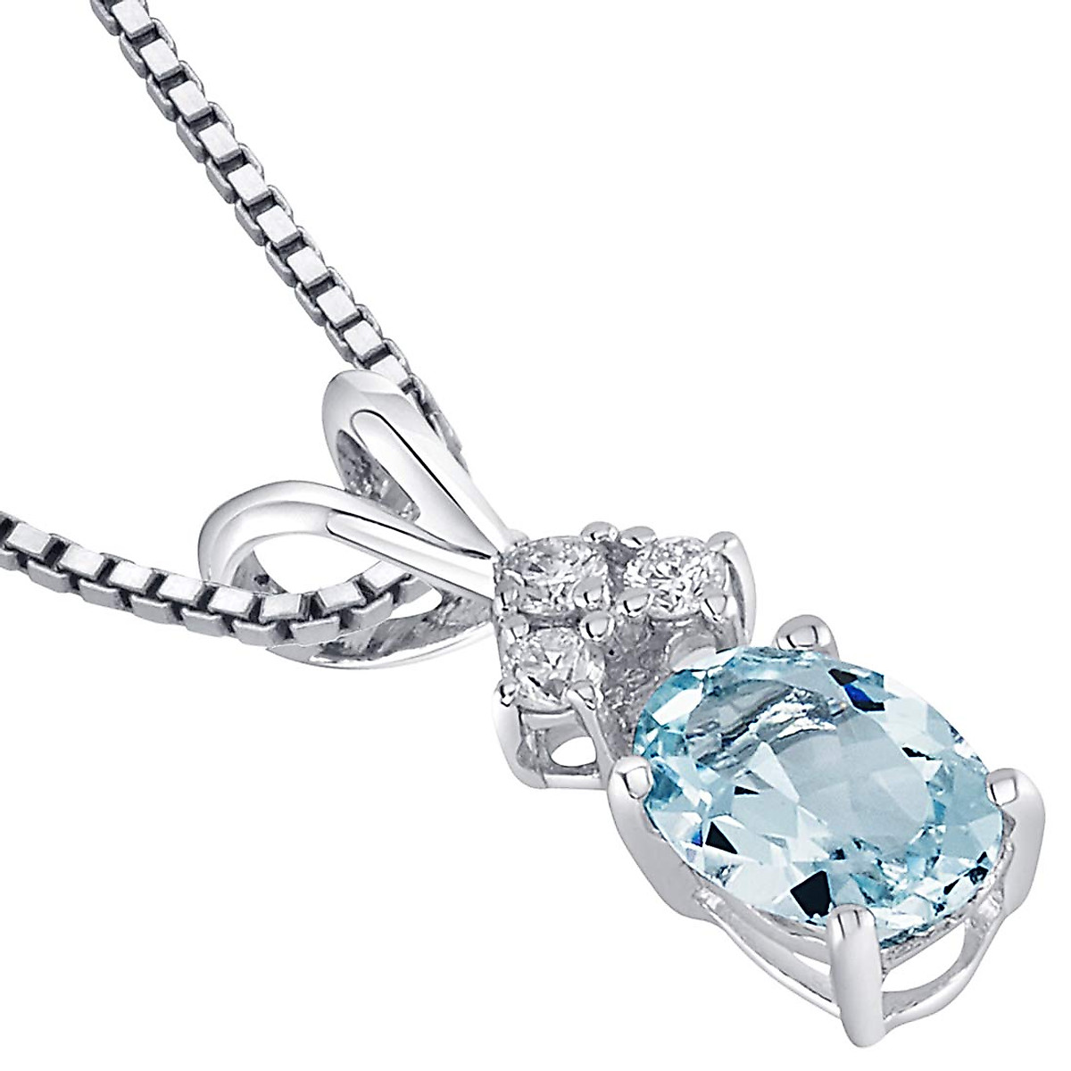 PEORA Solid 14K White Gold Aquamarine and Diamonds Pendant for Women, Genuine Gemstone Birthstone Dainty Solitaire, Oval Shape, 7x5mm