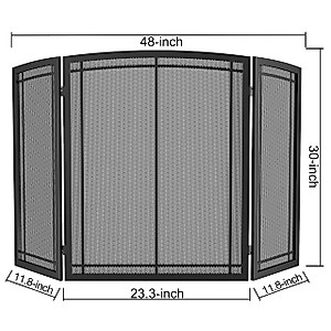 FireBeauty Fireplace Screen 3 Panel Wrought Iron Black Metal 48"(L) x30(H) Spark Guard Cover (Modern)