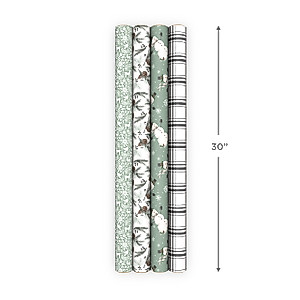 Hallmark Recyclable Neutral Christmas Wrapping Paper (4 Rolls: 100 Sq. Ft. Ttl) White and Sage Green Evergreen Pinecones, Rustic Snowmen, Plaid, Nordic Deer and Foliage