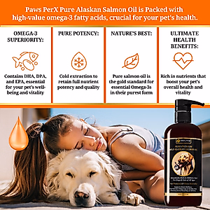 Paws PerX, Human Grade, Naturally Caught, Pure-Premium Wild Alaskan Salmon Oil for Dogs & Cats; Rich in Omega-3 EPA and DHA Fatty Acids; (One, 16 fl oz Bottle)