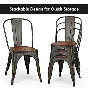 GOFLAME Set of 4 Metal Dining Chairs with Wood Top Seat, Tolix Style Stackable Bistro Cafe Side Chair, Indoor Outdoor Dining Chairs with High Backrest, Perfect for Living Room, Restaurant (Gun)