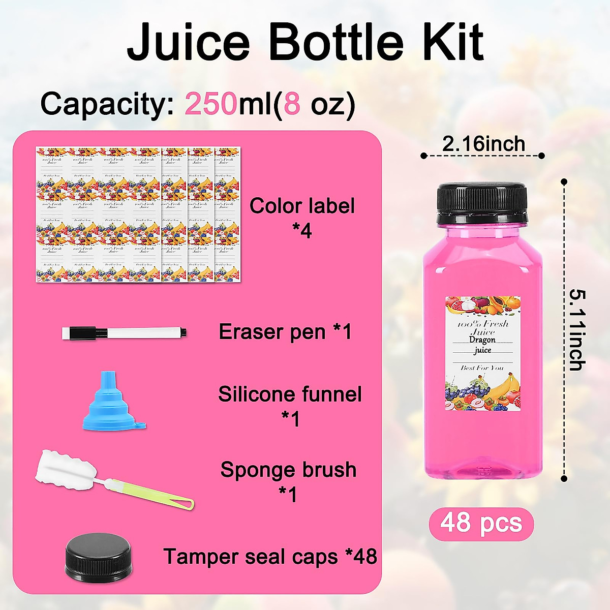 Prerrysurpasse 48pcs 8oz Empty Plastic Juice Bottles- Clear Homemade Juicing Drinks Containers with Black Tamper Proof Lids for Juicing, Smoothie,Drinking,Reusable Beverages Bottles