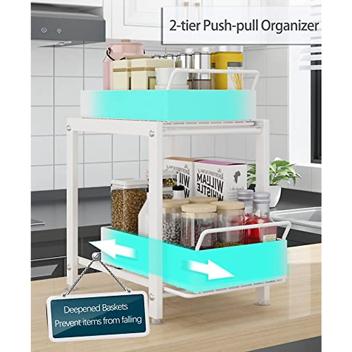 Metal Under Sink Organizers and Storage for Kitchen Undersink Organizers for Bathroom 2 Tier Pull-out Sliding Drawers Undersink Cabinet Organizer with Anti-rust Coating Handles White