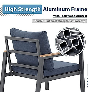 JOIVI Aluminum Patio Furniture Set, 5 Pieces Outdoor Conversation Set with Teak Wood Top Coffee Table, Sectional Sofa Set with Wood Armrest and Cushions for Outside Poolside, Lawn, Backyard, Navy Blue