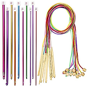 23 Pieces Tunisian Crochet Hooks Kit Including 12pcs 3-10 mm Bamboo Knitting Needle with Bead Carbonized Bamboo Needle + 11pcs 2-8 mm Multi Color Tunisian Afghan Aluminum Crochet Hooks