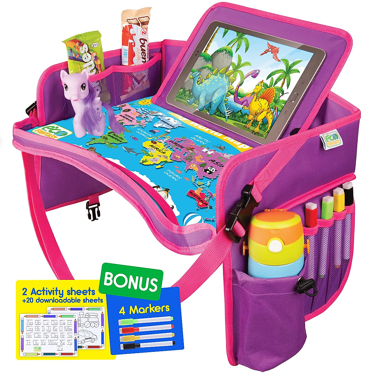 ECOFANTASY Kids Travel Tray - Waterproof Lap Table with No-Drop Large Tablet Holder - Car Seat Tray - Road Trip Essentials Kids - Car Desk Organizer for Airplane - Toddler Travel Essentials (Pink)