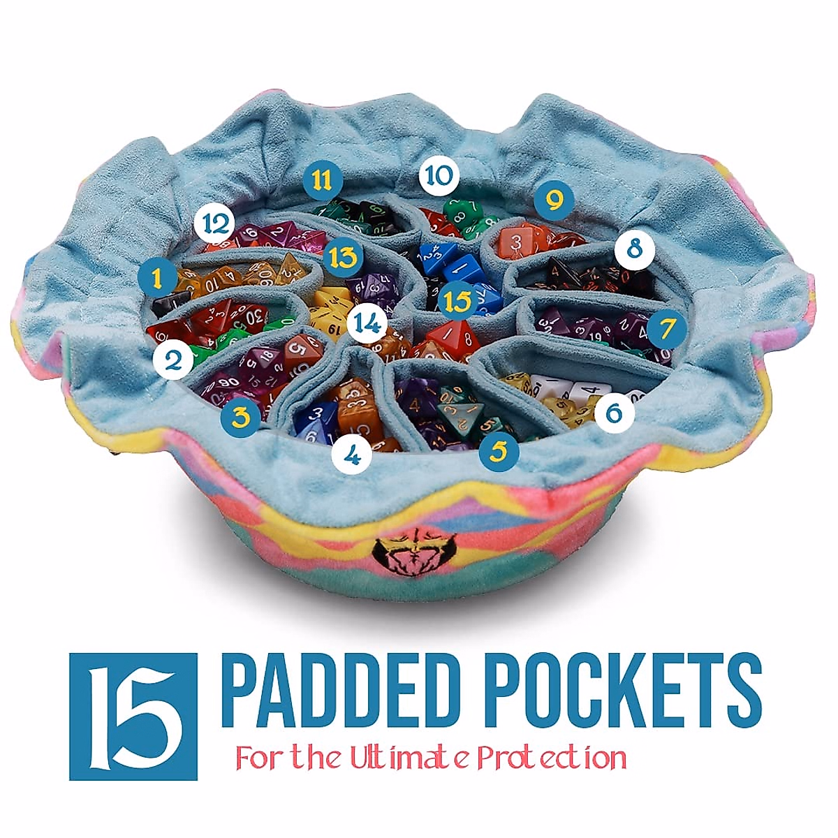 CardKingPro Immense - OCD Edition - Dice Bags with 15 Pockets - Rainbow & Blue - Capacity 200+ Dice - Great for Dice Hoarders [Patented Design]
