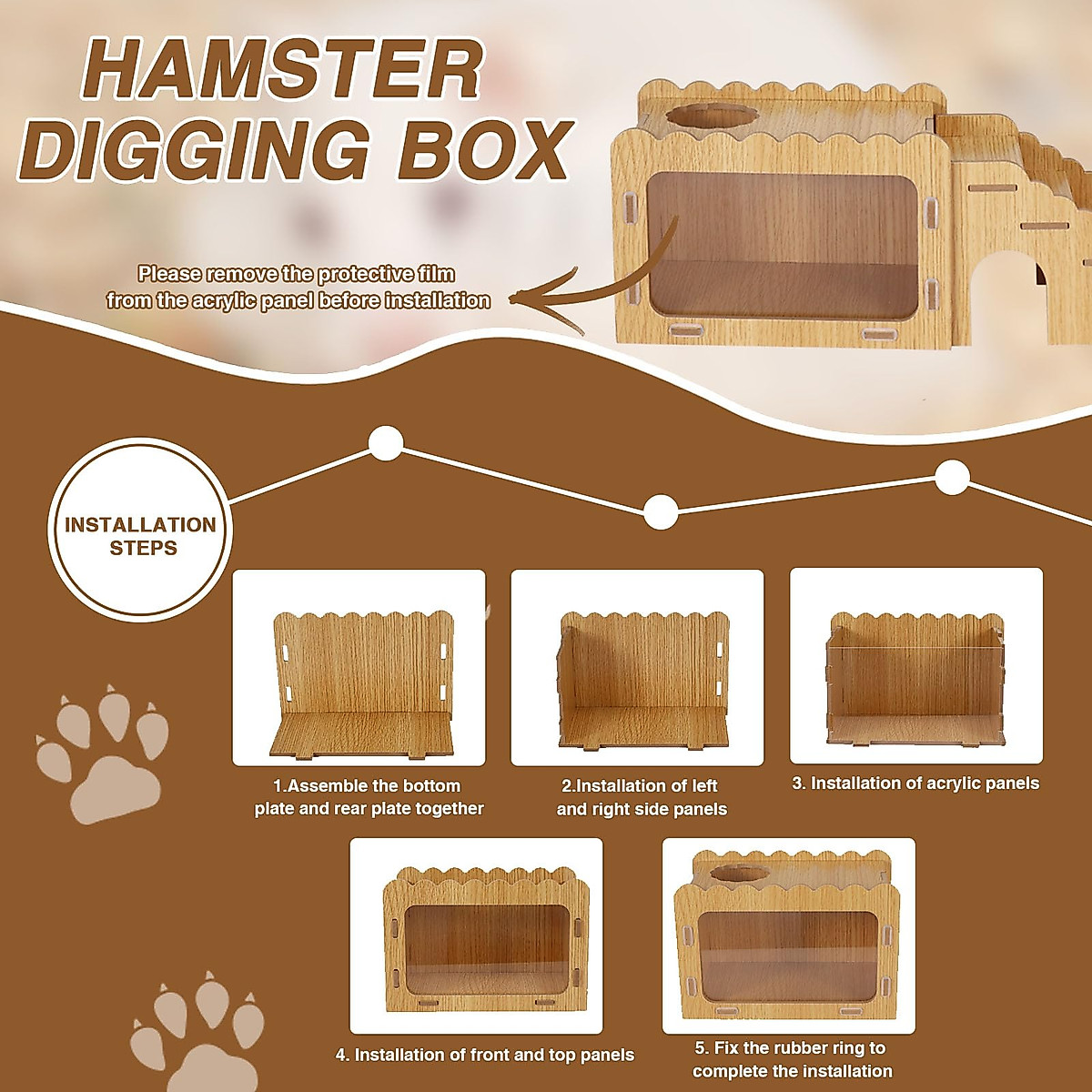 Hamster Digging Box, Small Visible Hamster Digging Room with Acrylic Transparent Board, Hamster Hideout and Exploration House with Climbing Ladder, Hamster Digging Wood Toy for Guinea Syrian Hamsters