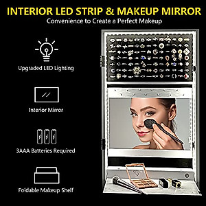 Vlsrka 47.2" LED Jewelry Mirror Cabinet, Wall/Door Mounted Jewelry Armoire Organizer with Full-Length Mirror, Large Capacity Storage Hanging Cabinet, 4 Drawers, 5 Shelves, Built-in Lighted Mirror