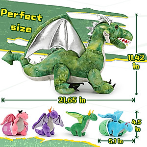MorisMos Giant Dragon Stuffed Animal, Large Dragon Plush Toy with Baby Dragons Inside, Big Mommy Stuffed Dragon with Babies Set, Gifts for Kids, Boys on Christmas, Birthday (Green 21in)