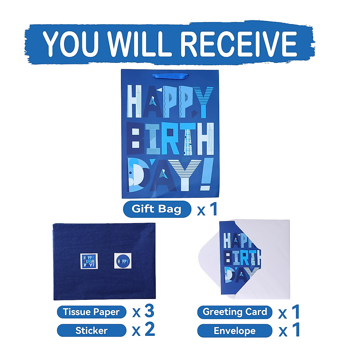 16.5” Extra Large Blue Gift Bags Set with Greeting Card and Tissue Papers (Blue Happy Birthday) for Men's Birthday Party, Kids' Parties, Baby Shower, or Baby Boy - 16.5”x5.5”x12.6”, 1 Pcs