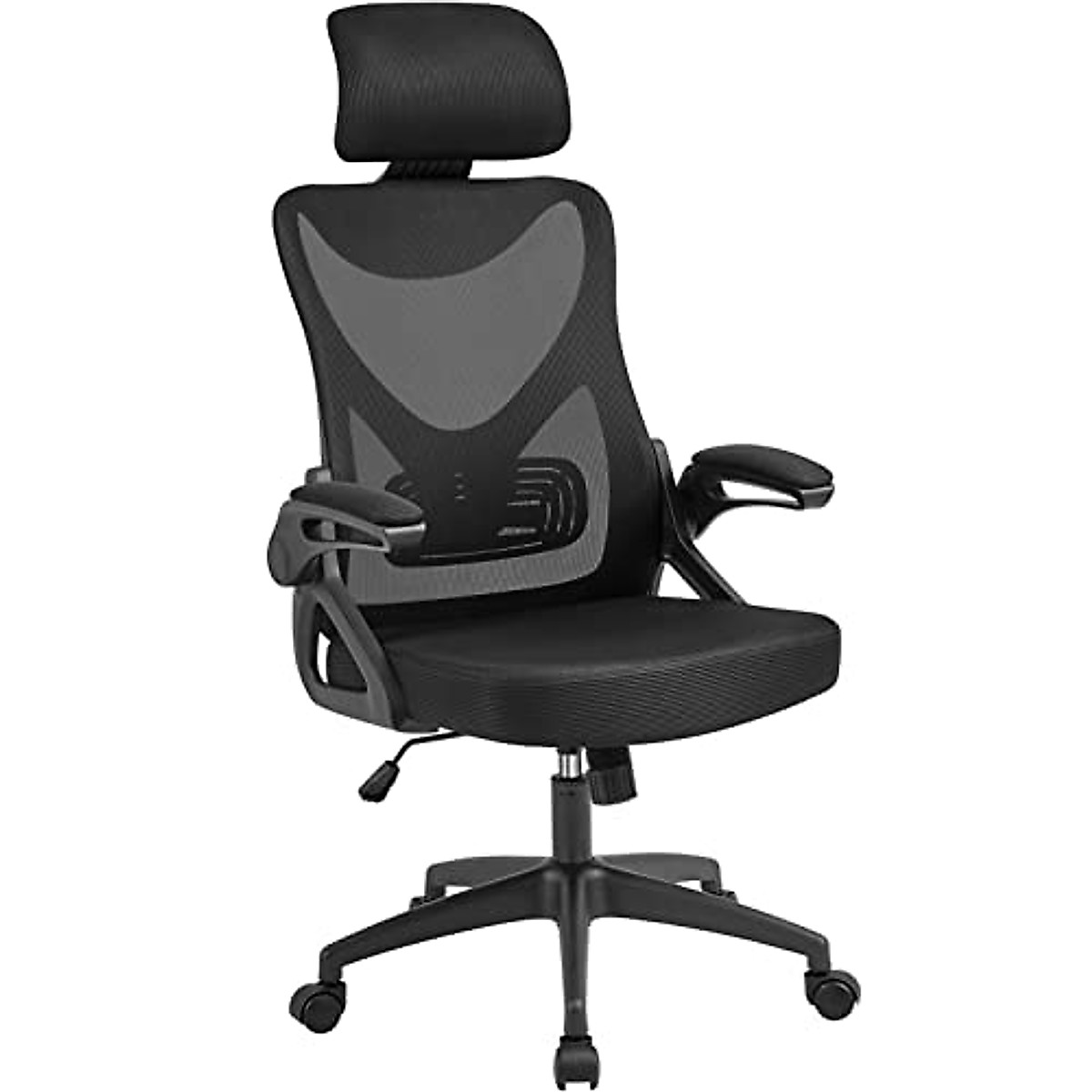 Yaheetech Ergonomic Mesh Office Chair, High Back Desk Chair with with flip-up Armrests, Adjustable Padded Headrest Computer Chair with Lumbar Support for Home Oiffce Game Room, Black