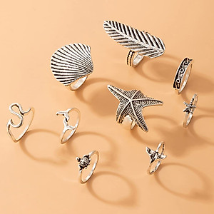 Missgrace 9Pcs Silver Dainty Simple Leaf Starfish Shell Knuckle Stacking Rings Set for Women Teen Girls Boho Vintage Finger Rings Stackable Silver Midi Rings Set Multiple Rings for Women and Girls Size 4.5-8