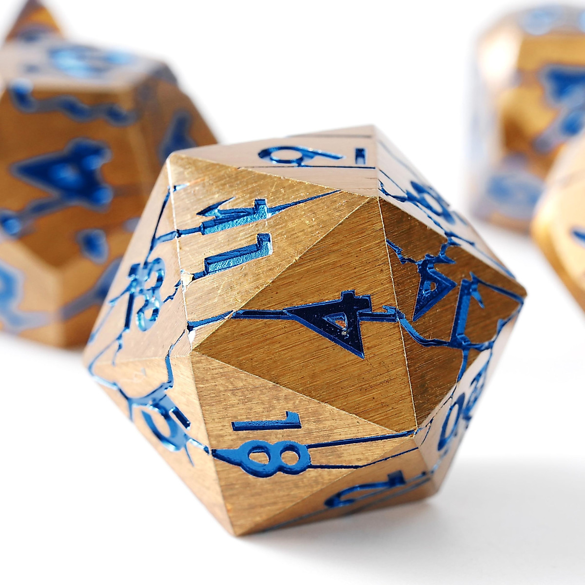 DND Metal Dice - Pharaoh Ruins Gold with Blue Cracks - Polyhedral Dice Set for D&D, RPG and More - Beautifully Detailed for Dungeons and Dragons