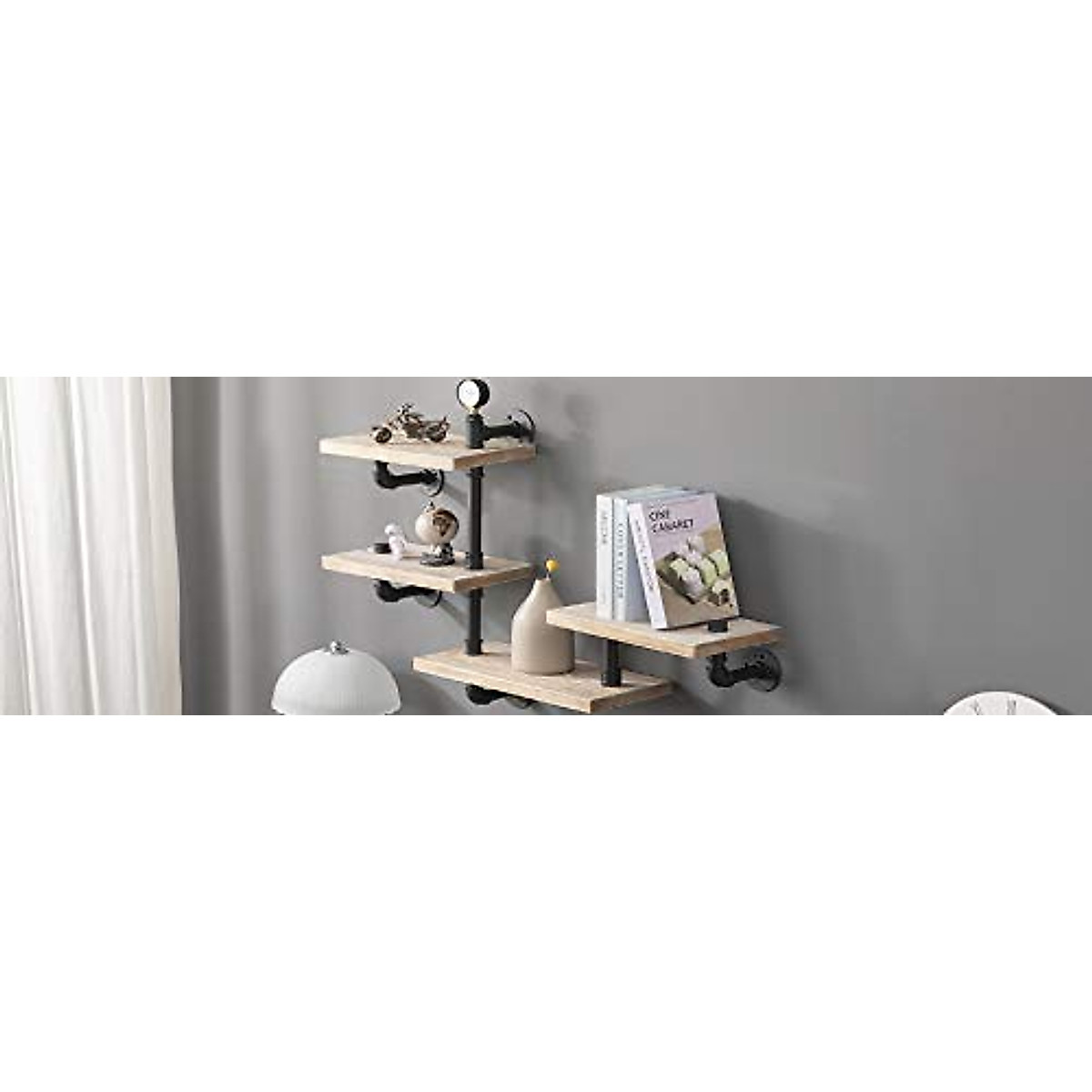 WAKI HOME Industrial Floating Pipe Wall Mounted Shelves Rustic Modern Wood Shelving Bookcase 4 Layer Ladder Steampunk Hanging Bookshelf for Home Bathroom Office Decor (4-Tier Ladder Shelves)