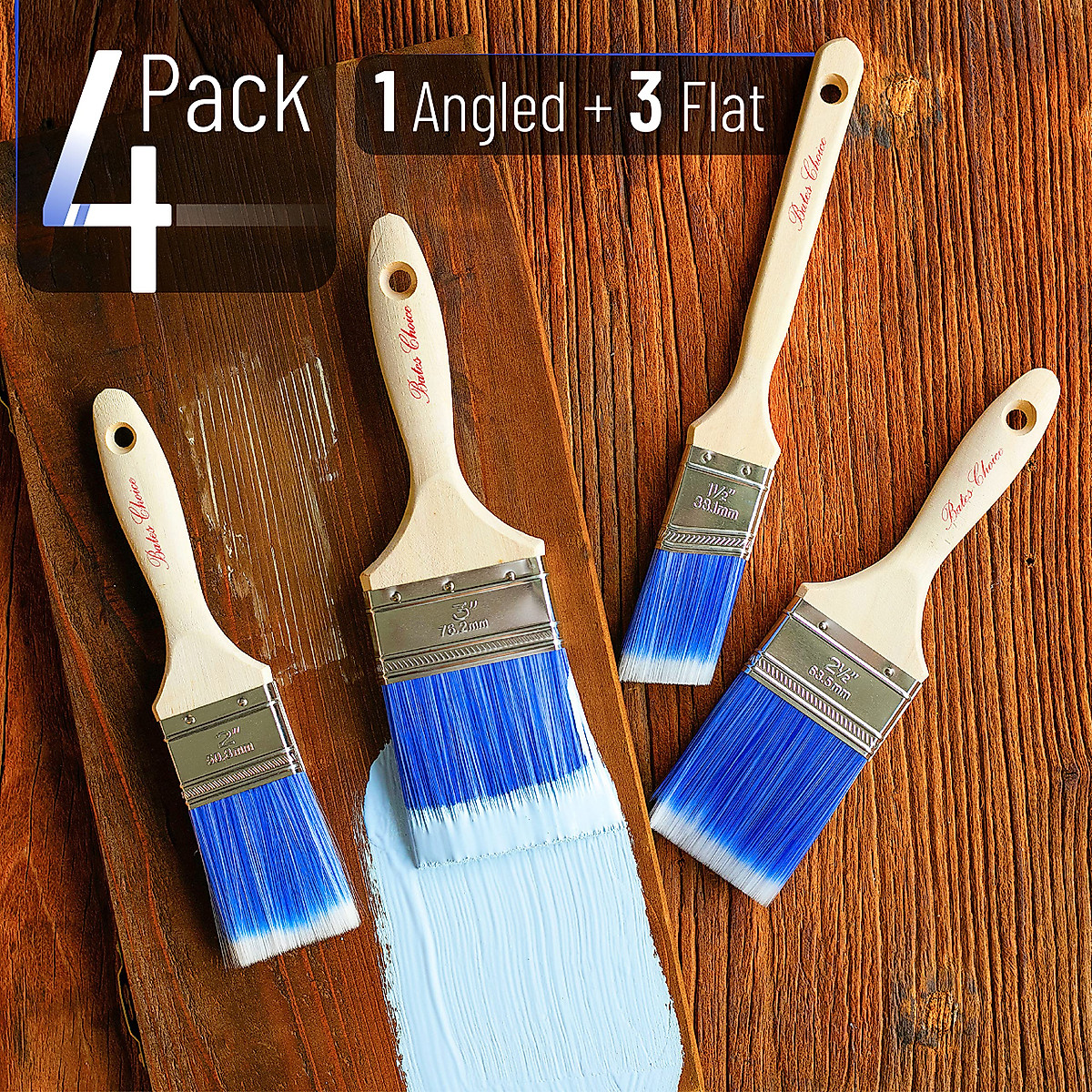 Bates Paint Brushes - 4 Pack, Wood Handle, Paint Brush, Paint Brushes Set, Professional Wall Brush Set, House Paint Brush, Trim Paint Brush, Sash Paint Brush