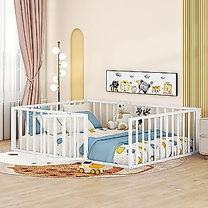 SIYSNKSI Full Size Floor Bed with Fence and Door, Metal Floor Bed Frame, Montessori Bed Platform Bed Frame for Kids Boys Girls, Easy Assembly (White + Metal-2)