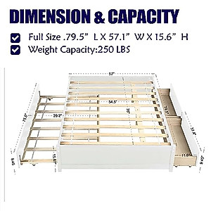 Novaris Full Size Solid Wood Platform Bed Frame with 2 Storage Drawers, Modern Classic Platform Bed with Strong Wood Slats Support & Easy Assemble for Bedroom Teens Girls (White)