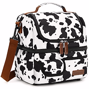 LOKASS Lunch Box for Women-Double Deck Insulated Adults Lunch Bag with Removable Shoulder Strap-Cow Print Cute Wide Open Lunch Tote for Work/Office/Picnic/Beach/Travel