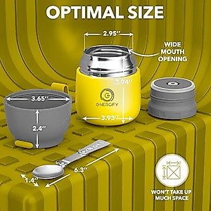 Vacuum Insulated Food Jar Portable 12oz Thermos incl. Folding Spoon, Cup. Hot & Cold Drinks Heated Soup Lunch Container for Kids and Women Premium BPA-Free Stainless Steel Leak Proof Starfruit Yellow