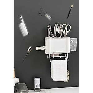 CHERISH Kitchen Multifunctional Wall Storage Rack, Adhesive Wall Mount Cutlery Knife Holder Hanger, Kitchen Cooking Utensil Holder Caddy with Phone Holder and 4 Hooks, Spoon and Fork Holder Rack