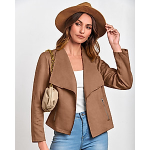 BTFBM Womens Faux Suede Jackets Dressy Spring Summer Clothes 2025 Lapel Long Sleeve Open Front Cropped Outerwear Coats(Solid Camel, Small)