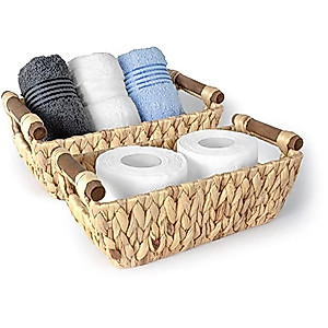 ADO Basics Water Hyacinth Hand Woven Basket with Stain Resistant Polished Wooden Handles, Storage Wicker Baskets 12" Length, 6.29" Width, 4.25 Height, Set of 2