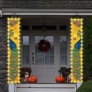 Happy Diwali Porch Banner with Lights Indian Diwali Peacock Front Porch Welcome Sign Deepavali Indian Festival of Lights Decorations-12×71''