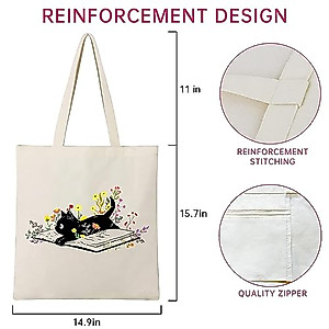 Andeiltech Tote Bag for Women Aesthetic Cute Canvas Tote Bag with Zipper Pocket Cat Book Flower Graphic Grocery Reusable Bags for Beach shopping bag