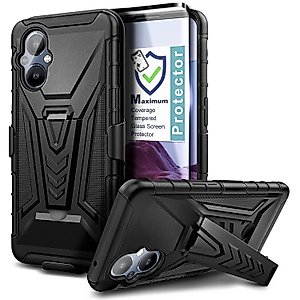 NZND Case for OnePlus Nord N20 5G with Tempered Glass Screen Protector (Maximum Coverage), Belt Clip Holster with Built-in Kickstand, Heavy Duty Protective Shockproof Armor Defender Case (Black)