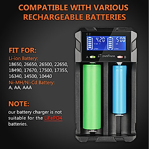 Universal Battery Charger 18650 Charger, Zanflare C2 Smart Charger LCD Display Quick Charge for Rechargeable Batteries Ni-MH Ni-Cd AA AAA SC, Li-ion 18650 26650 26500 22650 18490 17670,USB 5V 2A