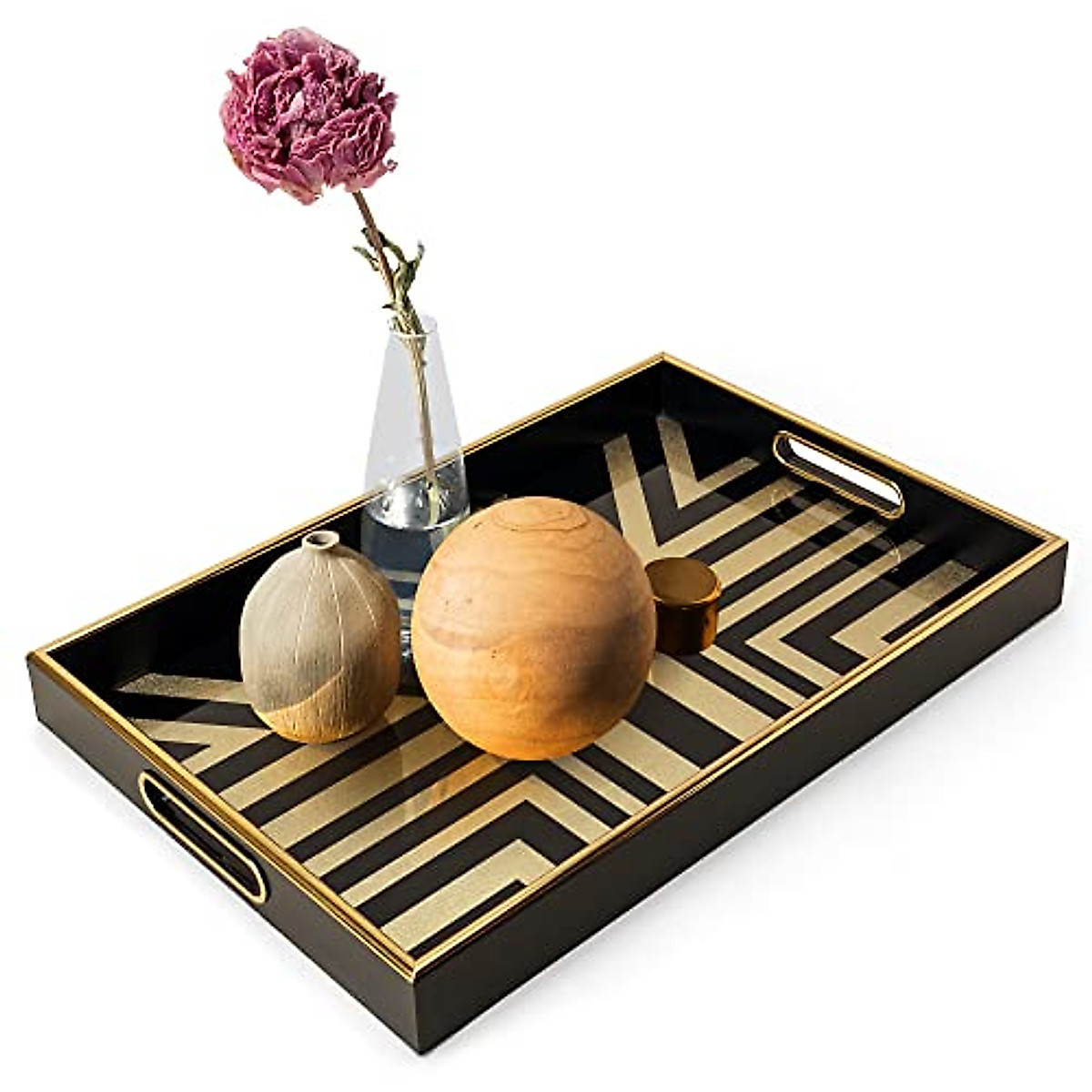 DIVERSITY TRADE Gold & Black Serving Tray w/ Handles – 17'' x 12'' Black Decorative Tray Large Ottoman TrayLiving Room Leak Proof Coffee Table Tray Glass Serving TrayOttoman Coffee Table (CX80225)
