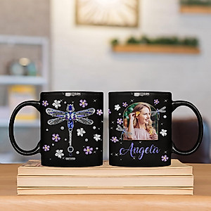 Black Ceramic Coffee Mug Photo Mugs Personalized Picture Dragonfly Custom Name Birthday Gifts For Women Friends Mom Novelty Cup Table Desk Accessories Jewelry Style 11 and 15 Oz