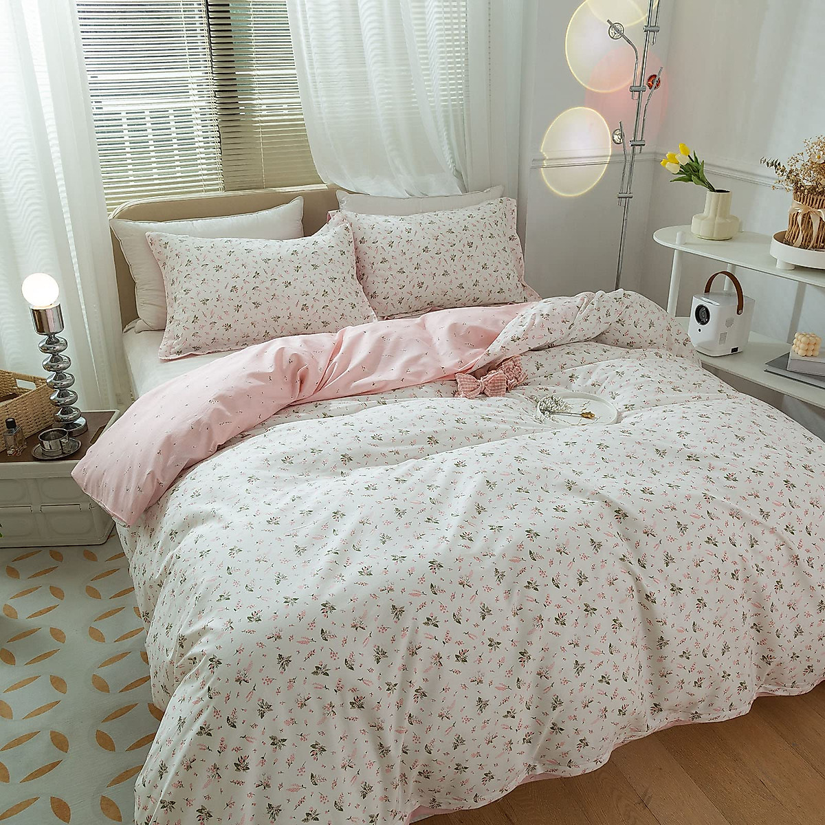 Floral Girls Duvet Cover Twin XL Cotton Pink Floral Duvet Cover Chic Garden Flower Bedding Sets Lightweight Soft Aesthetic Floral Comforter Cover 1 Twin XL Duvet Cover with 2 Pillowcases, No Comforter