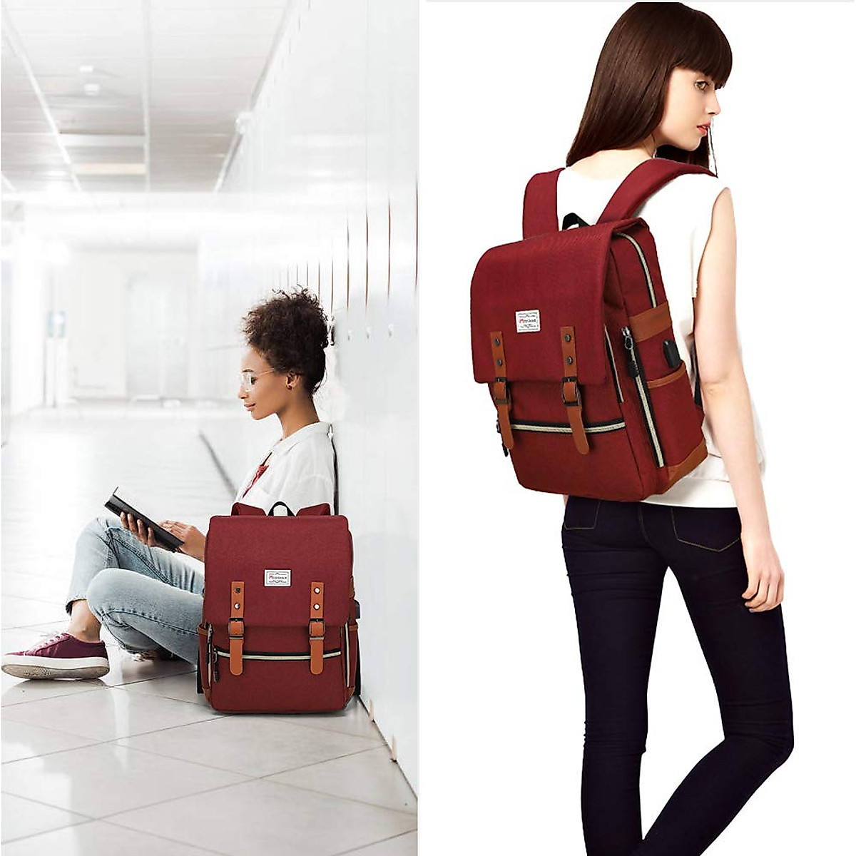 Modoker Upgraded Teal Vintage Laptop Backpack College School Bookbag for Women Men, Slim Travel Laptop Backpack with USB Charging Port Computer Bag Casual Rucksack Daypack Green