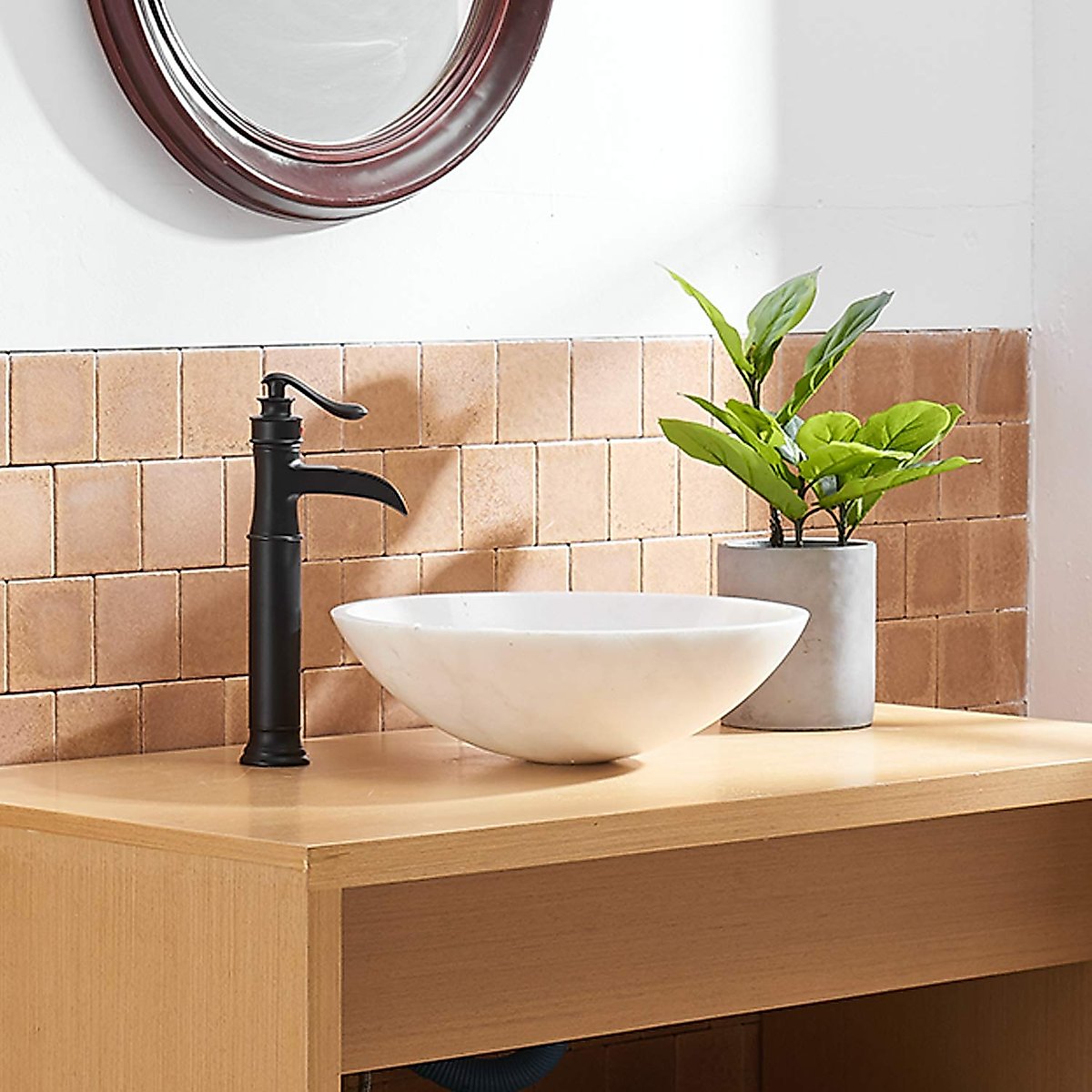 BWE Vessel Sink Faucet Waterfall Matte Black with Pop Up Drain Without Overflow and Supply Lines Bathroom faucets for Sink 1 Hole One Handle Faucets Vanity Bath Mixer Tap