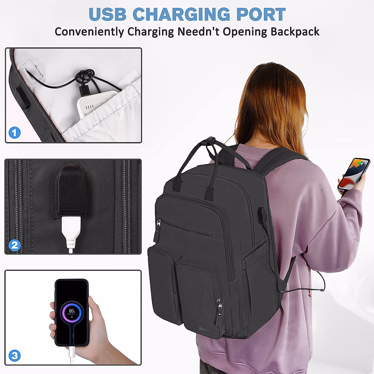 Mancro Travel Backpack for Women with TSA Laptop Compartment, 15.6 Inch Laptop Backpack with USB Charging Port and Dry-Wet Pocket, Fashion Computer Backpack for Women, Black