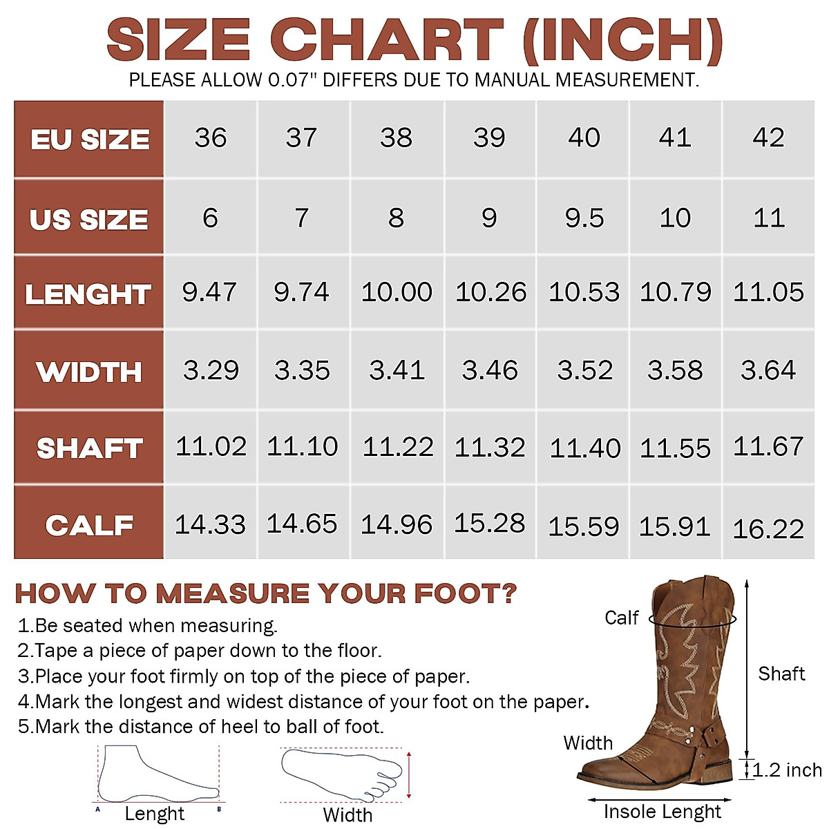 SheSole Womens Square Toe Cowgirl Cowboy Boots Wide Calf Fashion Western Shoes Brown US 8