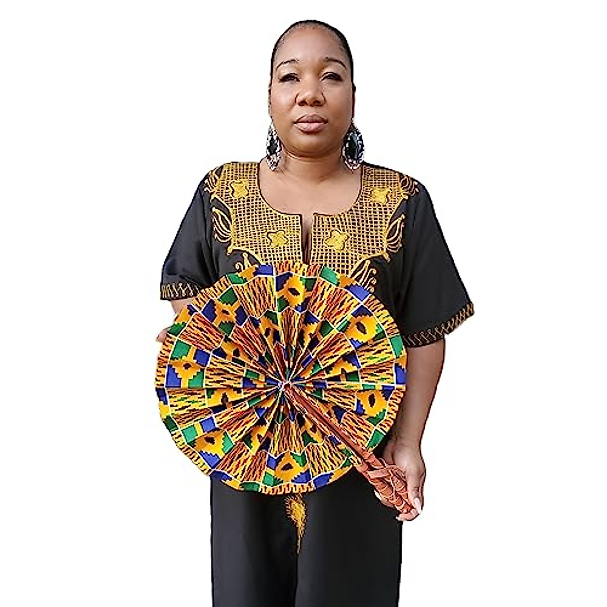 African Ankara Print Folding Fan - Large Handheld Fan for Church, Weddings, Decorative Wall, and More