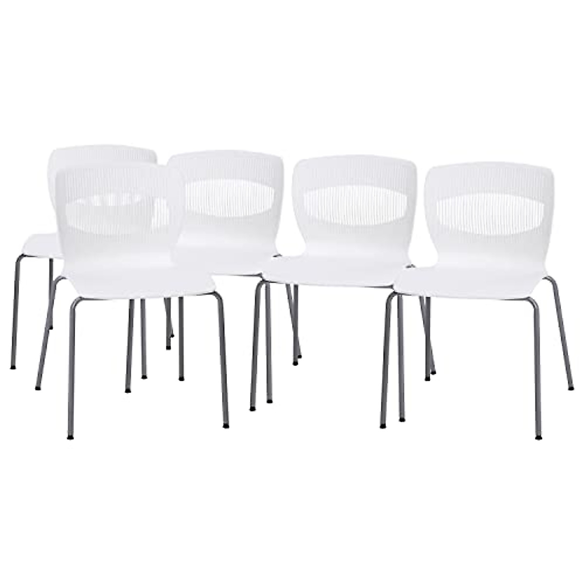 Flash Furniture Hercules Series Set of 5 Commercial Stack Chair - Roomy Wide 770 lb. Capacity - Lumbar Support - Durable Plastic - Silver Steel Frame - White