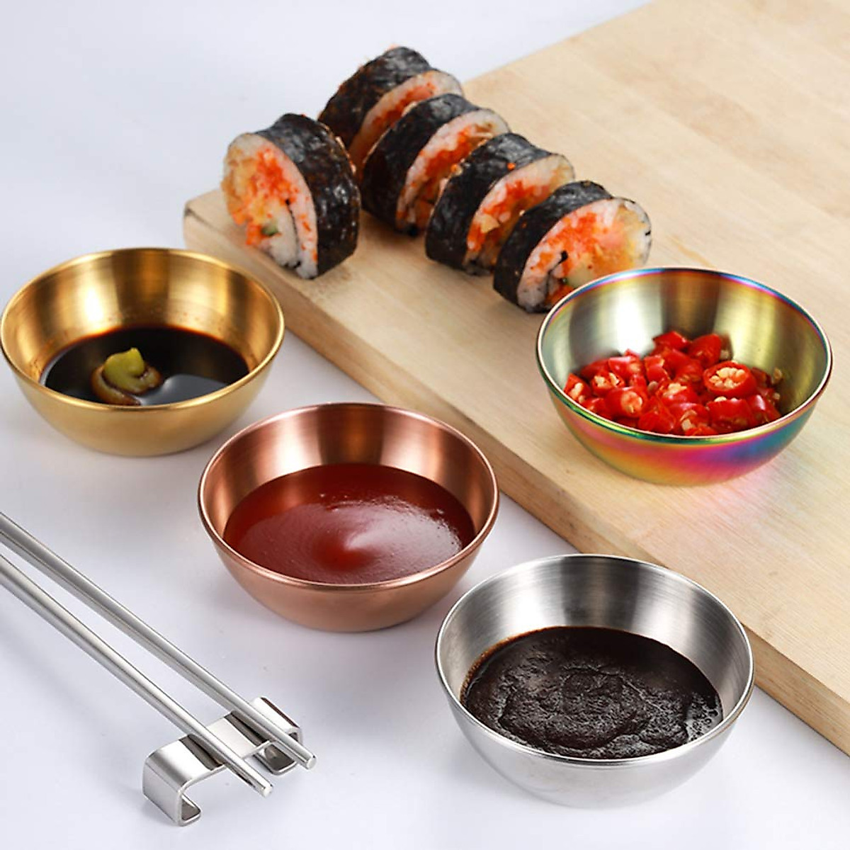 DOITOOL 4PCS Stainless Steel Sauce Dishes Round Sushi Dipping Bowls,Sushi Dipping Sauce Dishes Seasoning Dish Saucer Bowl Mini Appetizer Plate (Rose Gold,3.14X3.14X0.98inch)