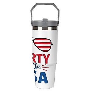 Party in The USA Sunglasses Patriotic 30 OZ Insulated Tumblers with Handle And Straw Leakproof Vacuum Insulated Stainless Steel Water Bottle for Car Fishing Travel