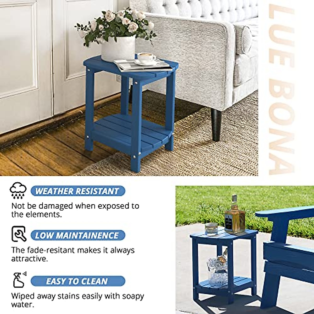 LUE BONA Adirondack Outdoor Side Table, Navy Blue Poly Outdoor Patio End Table Weather Resistant, Pool Composite Plastic Morden Side Table for Patio, Pool, Porch, Garden, Lawn