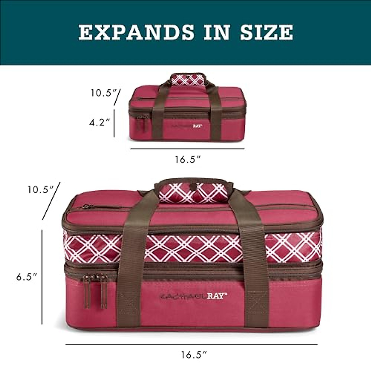 Rachael Ray Expandable Insulated Casserole Carrier for Hot or Cold Food, Thermal Lasanga Lugger Tote for Pockluck, Parties, Picnic, and Cookouts, Fits 9" x 13" Baking Dish, Burgundy