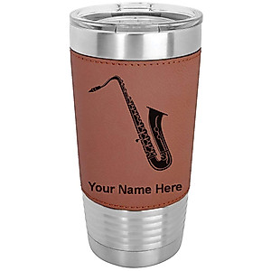 LaserGram 20oz Vacuum Insulated Tumbler Mug, Saxophone, Personalized Engraving Included (Faux Leather, Dark Brown)