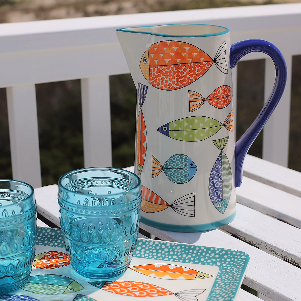 Euro Ceramica FreshCatch Collection 2.5LT Pitcher - Indoor/Outdoor Use - Colorful Cute Fish Pattern on White,Standard,FRC-86-3910